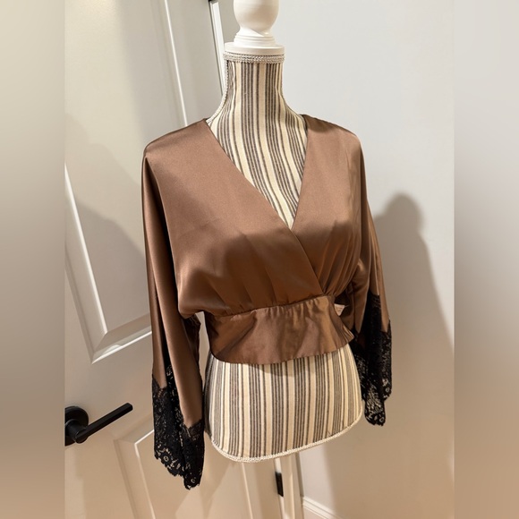 Zara | Tops | Zara Lace Satin Kimono Blouse In The Color Mink | Poshmark